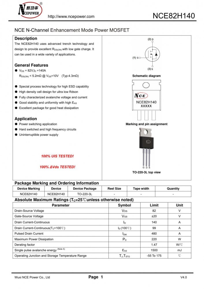 NCE82H140 datasheet page 1