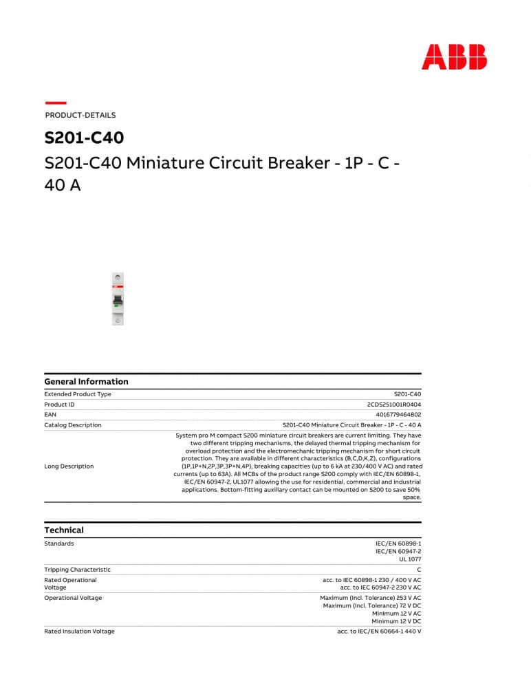 ABB S201-C40 technical document page 1