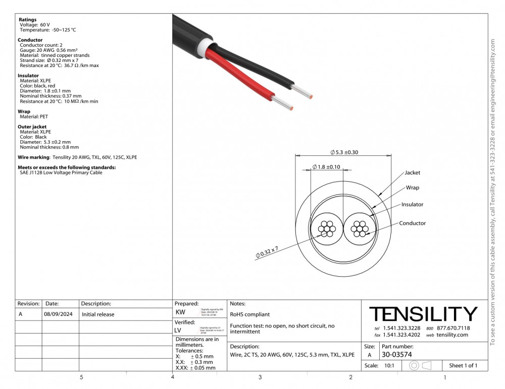 Technical drawing for Tensility International cable model 30-03574