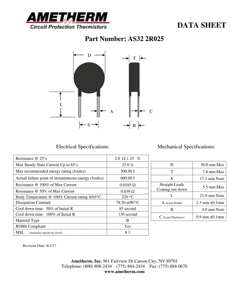 Ametherm AS32 2R025 technical document page