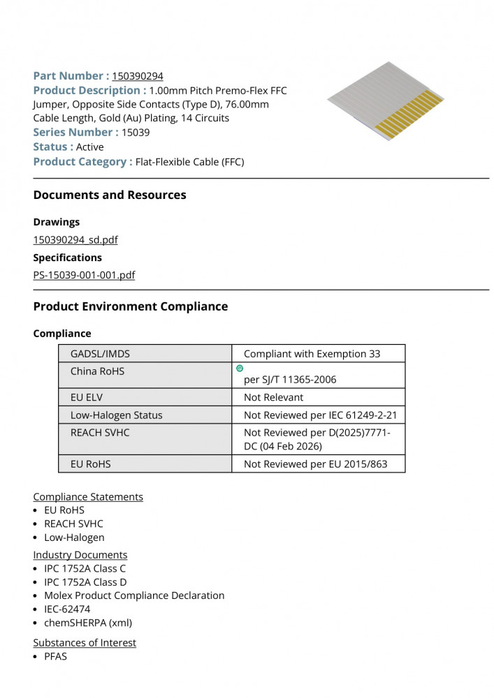 Molex FFC family specification page 1