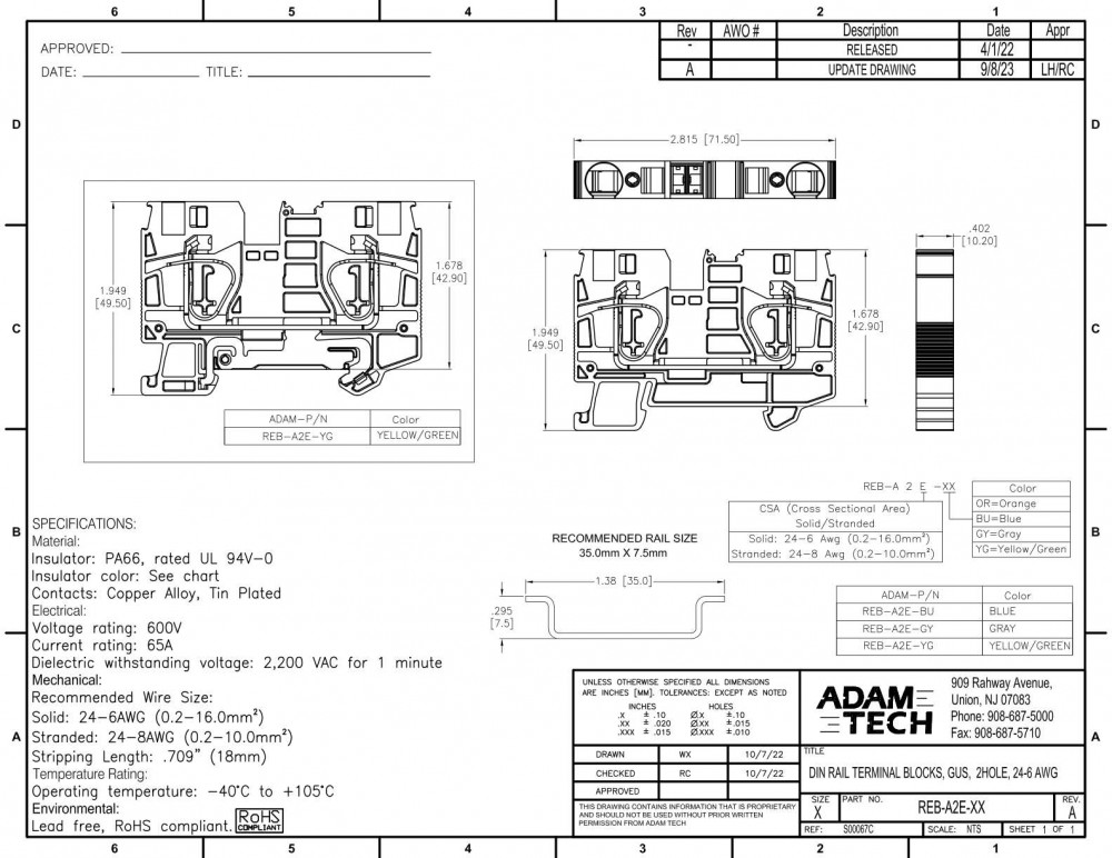 ADAM TECH REB-A2E-XX terminal block manufacturer drawing