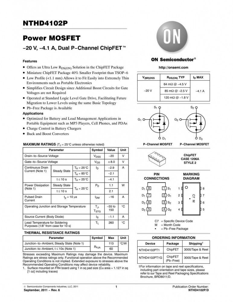 NTHD4102PT1G datasheet page 1