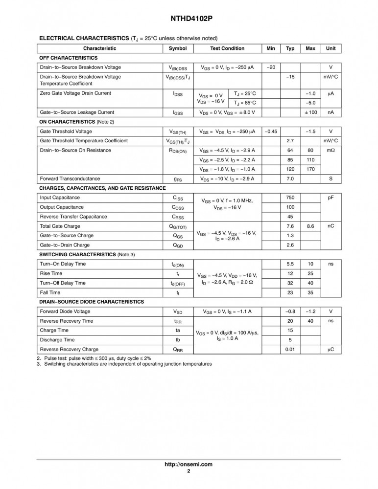 NTHD4102PT1G datasheet page 2