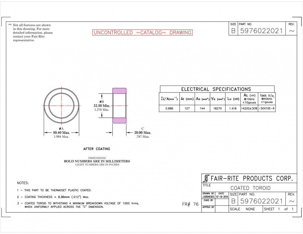 Fair-Rite 5976022021 coated toroid drawing