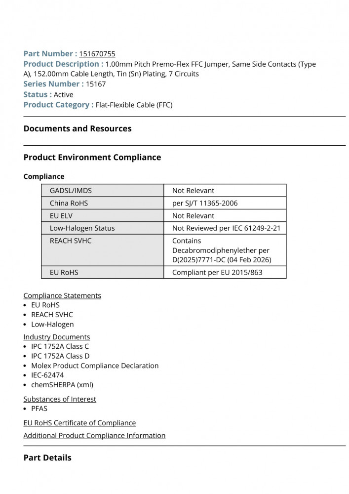 MOLEX 15167 FFC product specification, page 1