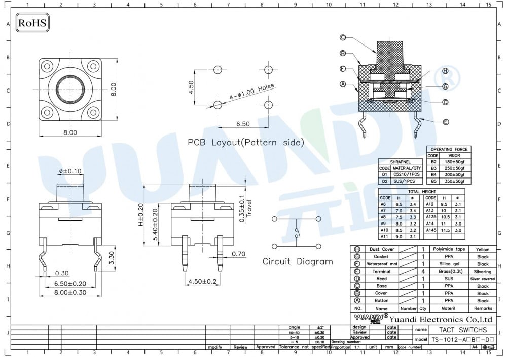 Yuandi TS-1012 tactile switch technical drawing