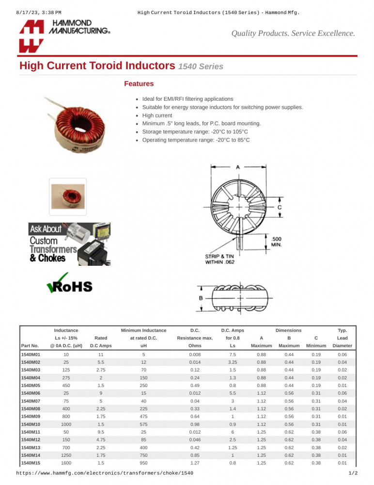 Hammond 1540 Series technical document page 1