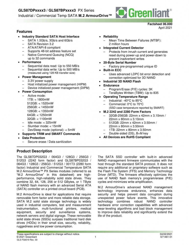 Greenliant GLS87BP032G3-I-BZ200 datasheet page 1