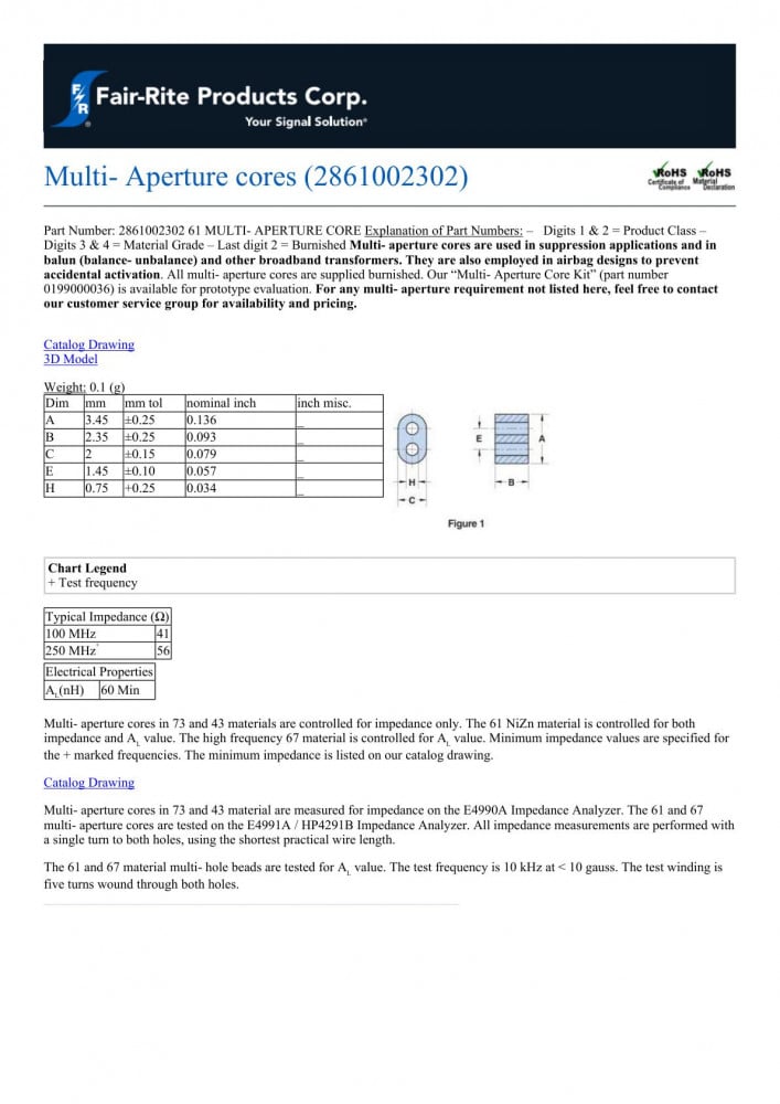 Fair-Rite 2861002302 catalog drawing and electrical data