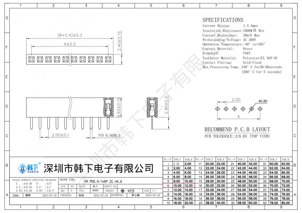 HX PM2.0-1x6P ZC H4.6 technical drawing