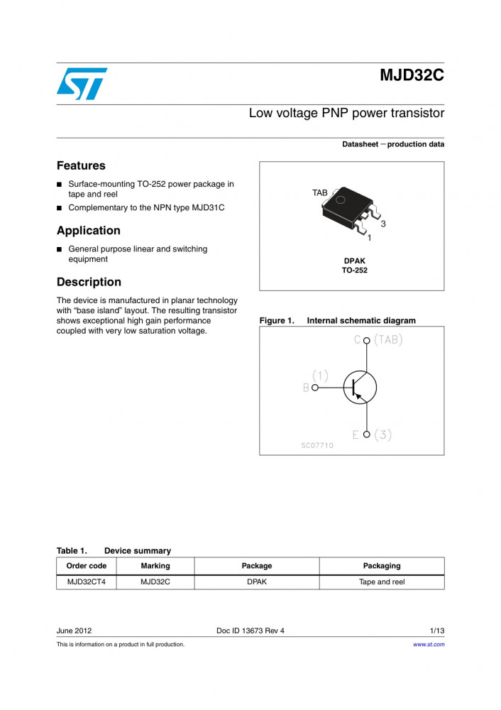 MJD32CT4 datasheet page 1