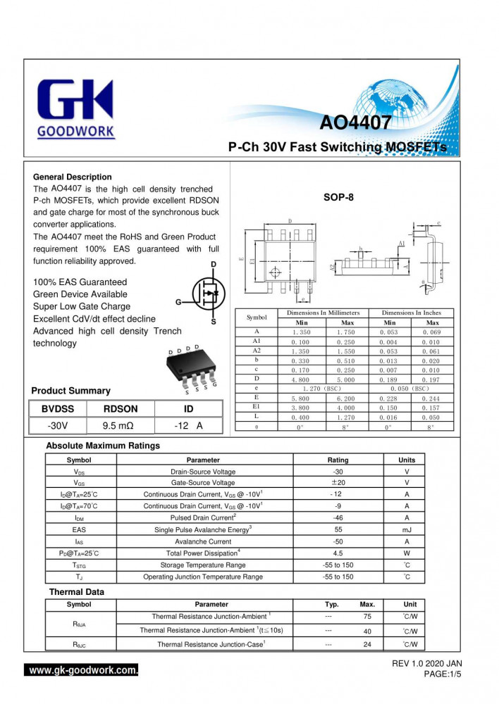 AO4407 datasheet page 1