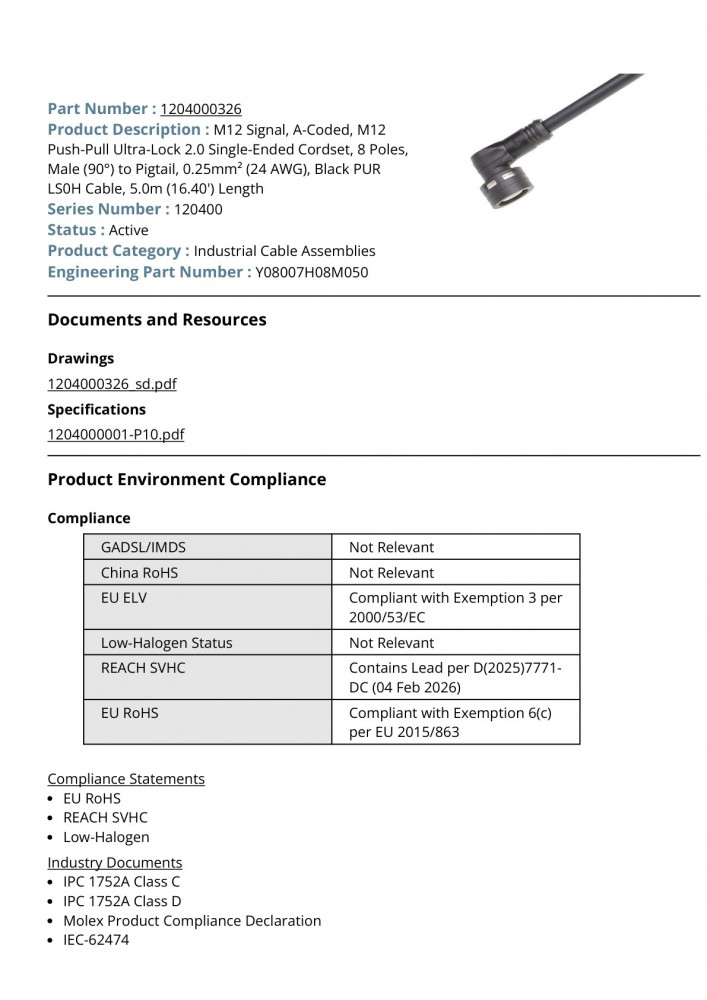 Molex Ultra-Lock M12 product specification page 1