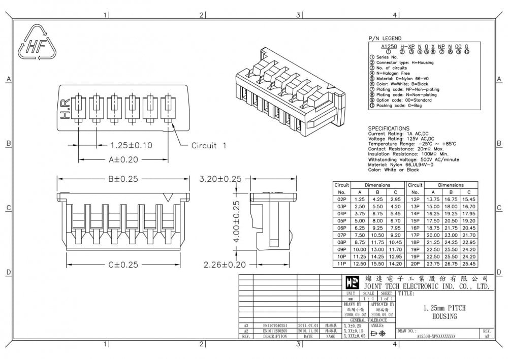 Joint Tech Elec A1250H-10P technical drawing