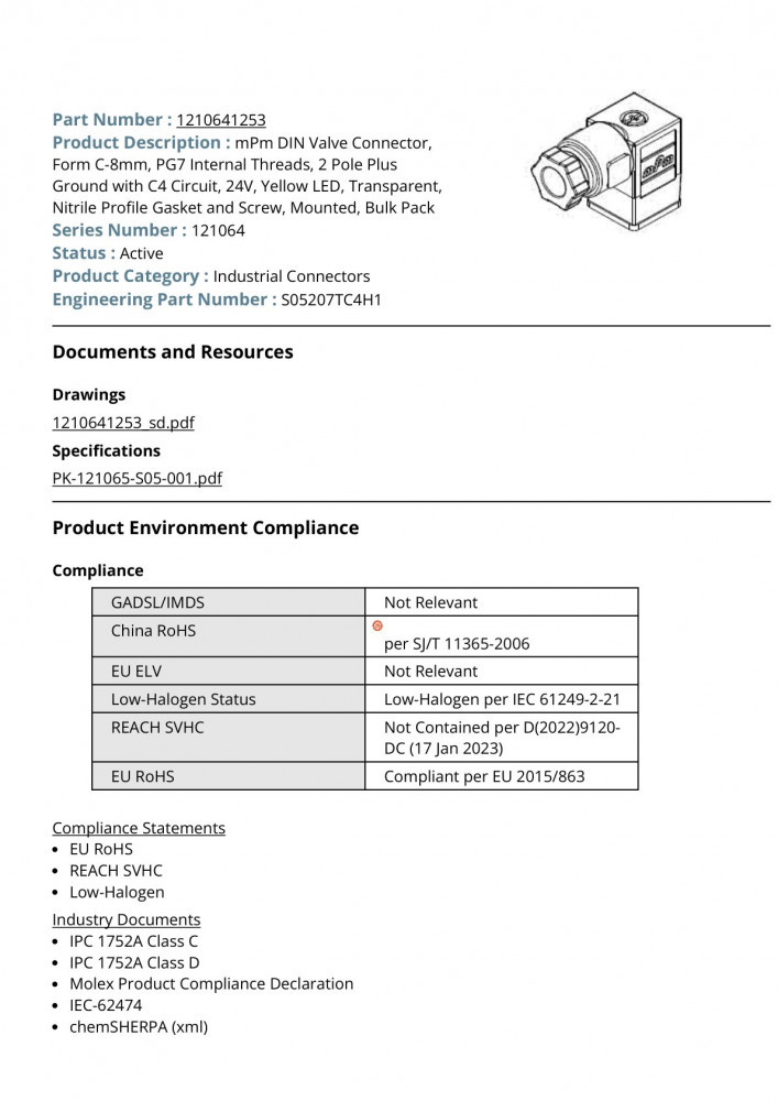 Molex DIN Valve Series S05 packaging specification, page 1