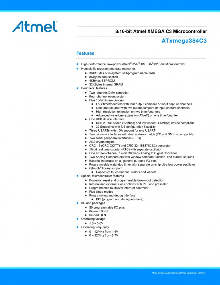 ATxmega384C3 datasheet page 1