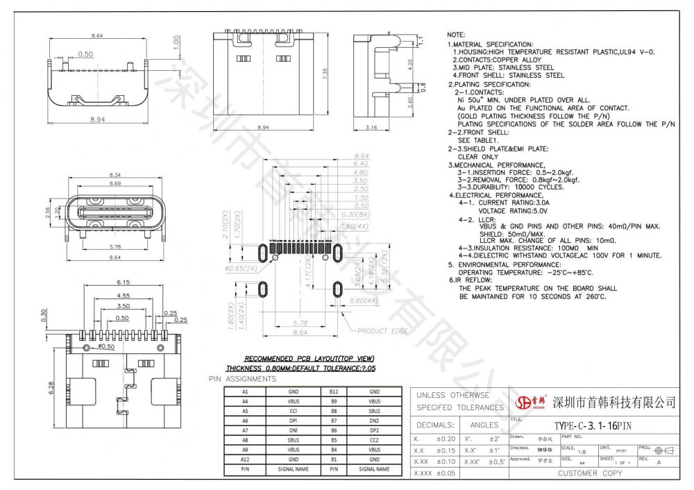 TYPE-C-3.1-16PIN technical document page 1