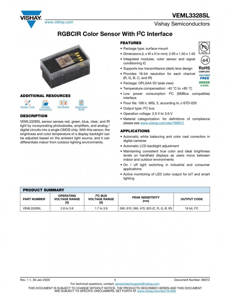 VEML3328SL datasheet page 1
