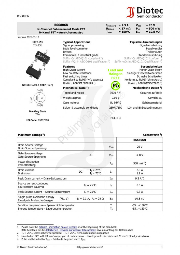 BSS806N technical document page 1