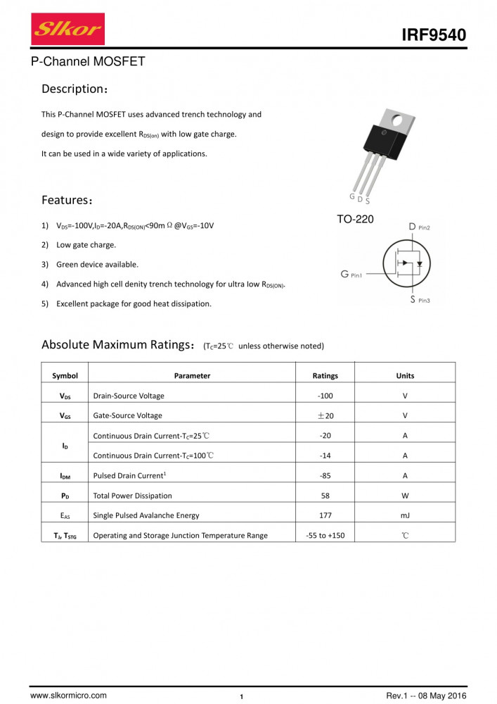 IRF9540 datasheet page 1