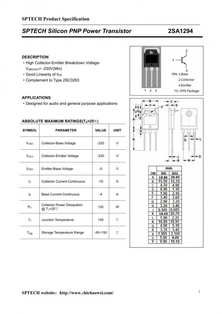 SPTECH 2SA1294 datasheet page 1