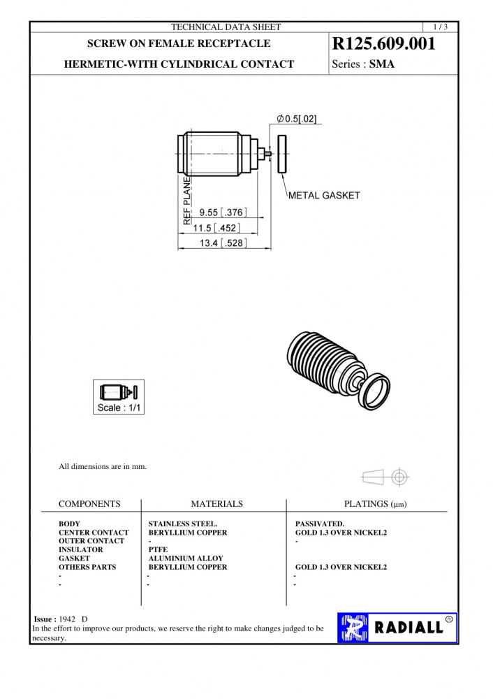 Radiall R125.609.001 technical document, page 1