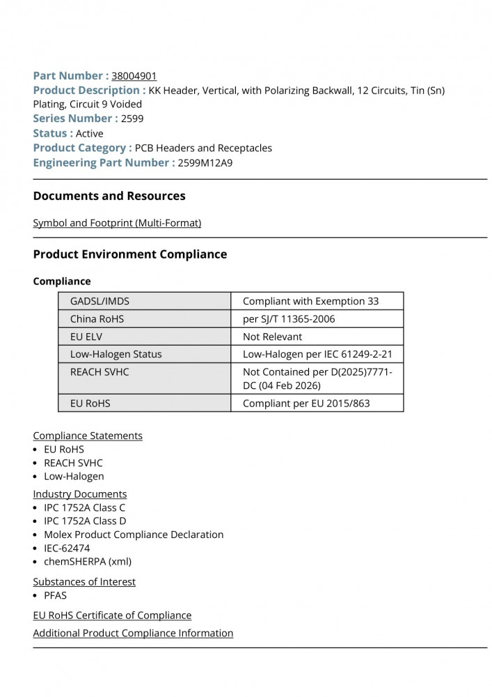 Technical document page 1 for MOLEX 38004901