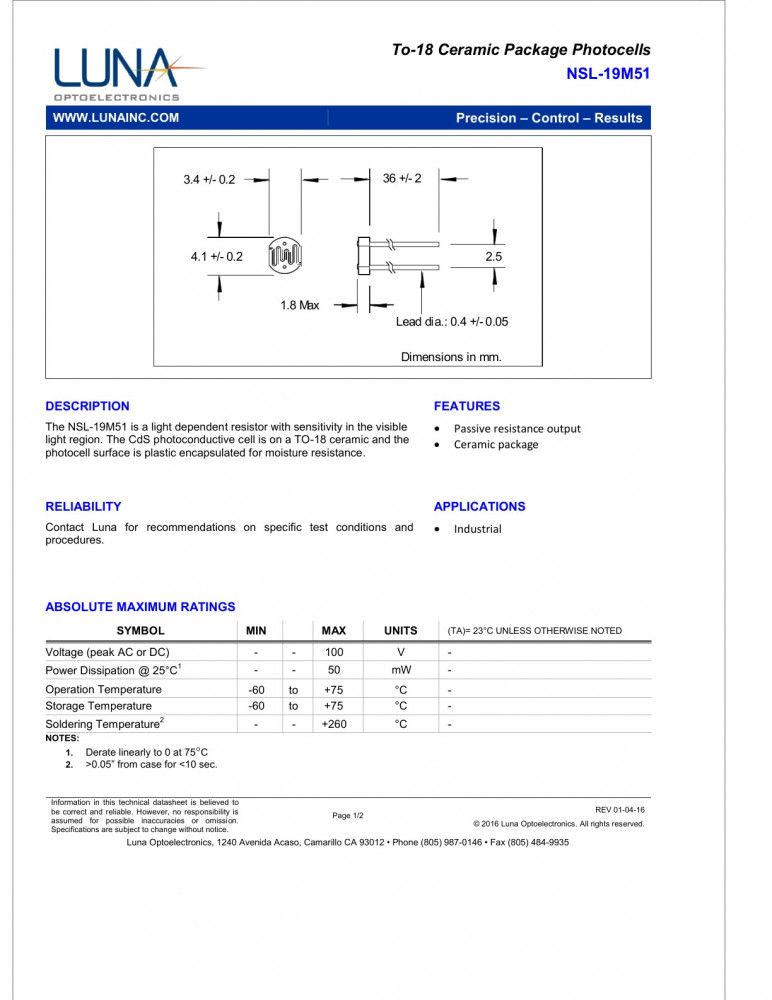 NSL-19M51 product datasheet page 1
