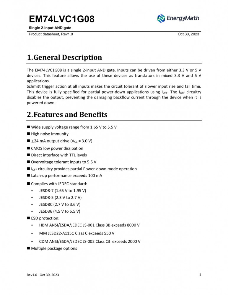 EM74LVC1G08GW datasheet page 1