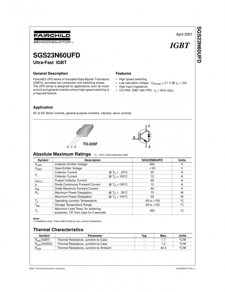 SGS23N60UFDTU datasheet page 1