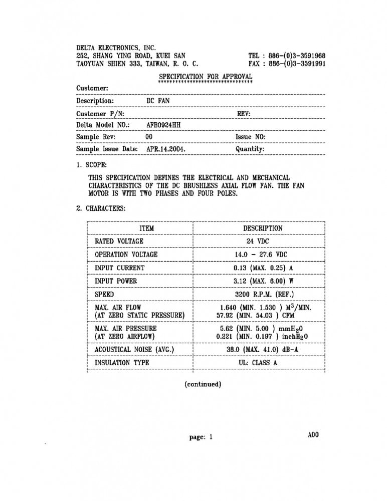 AFB0924HH technical document page 1