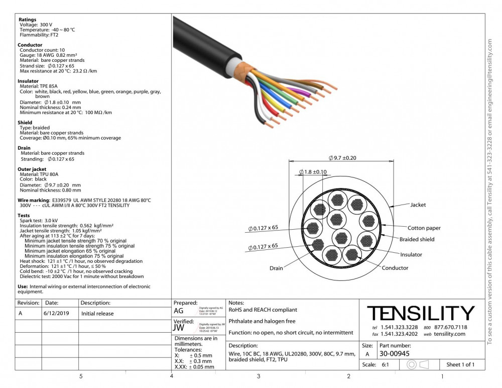 Product 30-00945 technical drawing and cable construction information