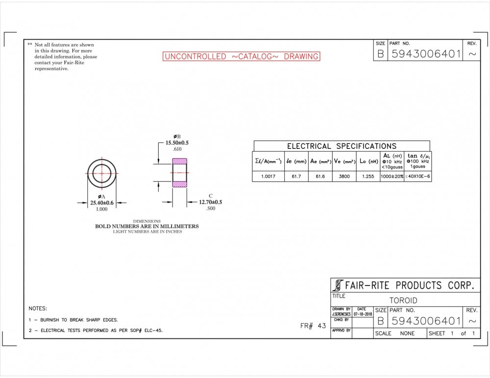 Fair-Rite 5943006401 technical drawing