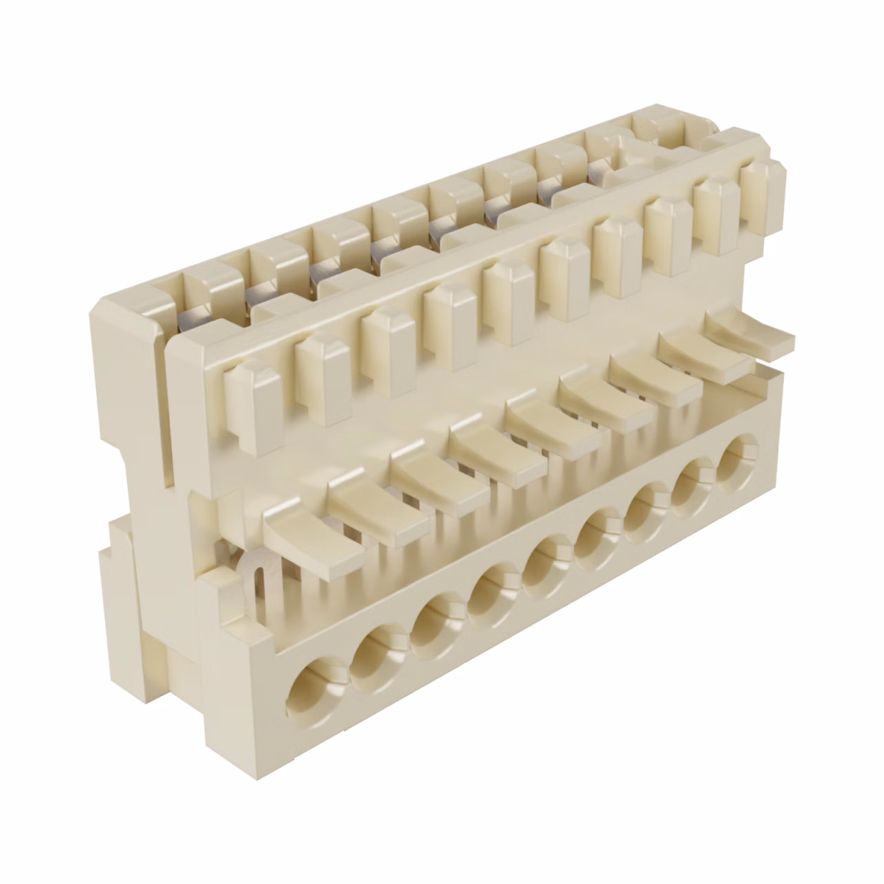 Appli-Mate RAST 2.5 Connector, 2.50mm Pitch, Female, 7 Circuits, Positions A and H Removed, Polarizing Rib Between 4/5, Locking Pips, Slotted Endwalls, Tin Plating