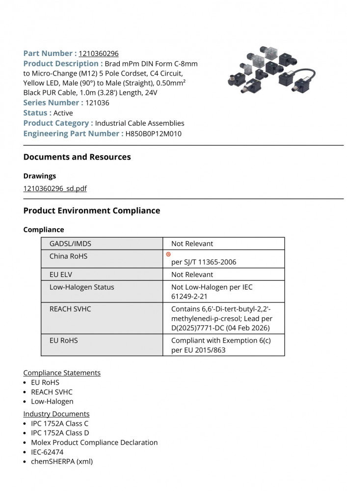 Molex cordset drawing, page 1 preview