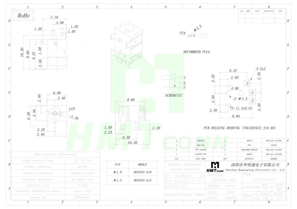 HMTCONN DC045A-A13 technical document preview