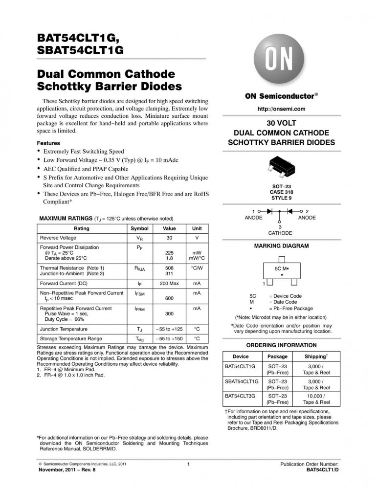 BAT54CLT1G datasheet page 1
