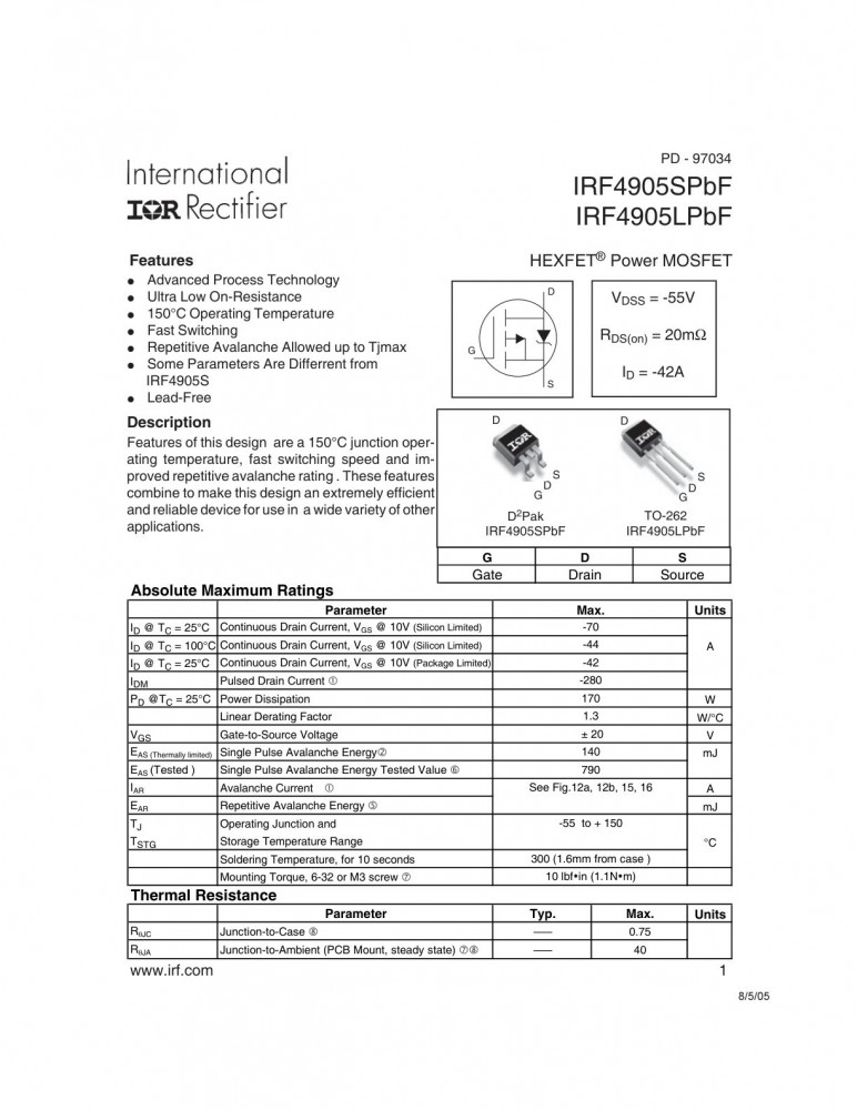 IRF4905STRLPBF datasheet page 1