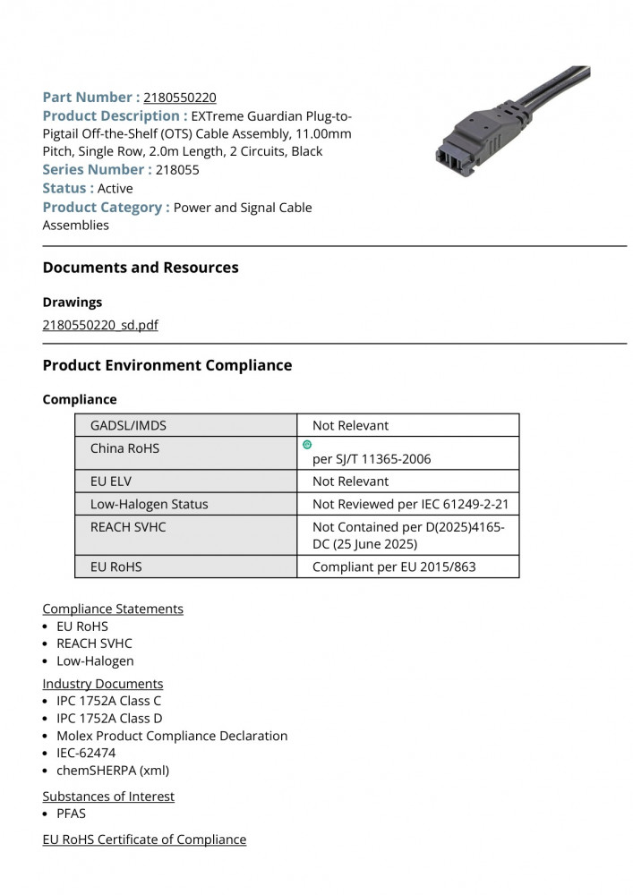 MOLEX 2180550220 product drawing preview, page 1