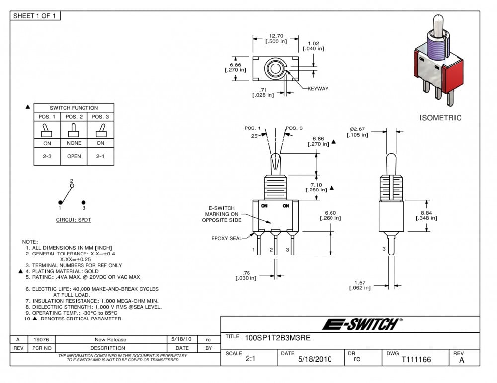 E-Switch 100SP1T2B3M3RE technical drawing