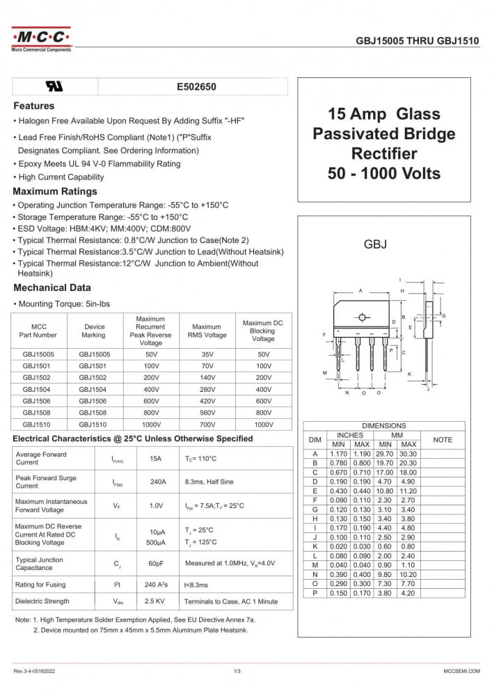 GBJ1504-BP datasheet page 1