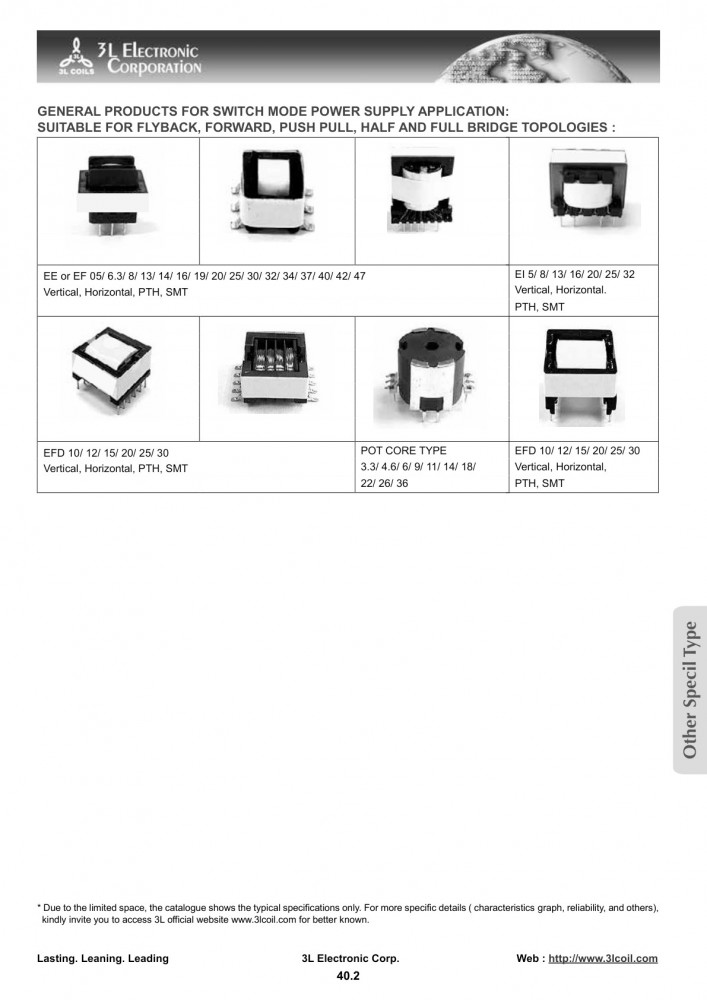 3L COILS catalogue page with EI family and SMPS product information