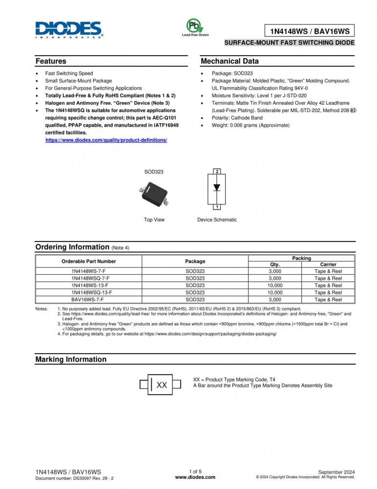 1N4148WS-7-F datasheet page 1