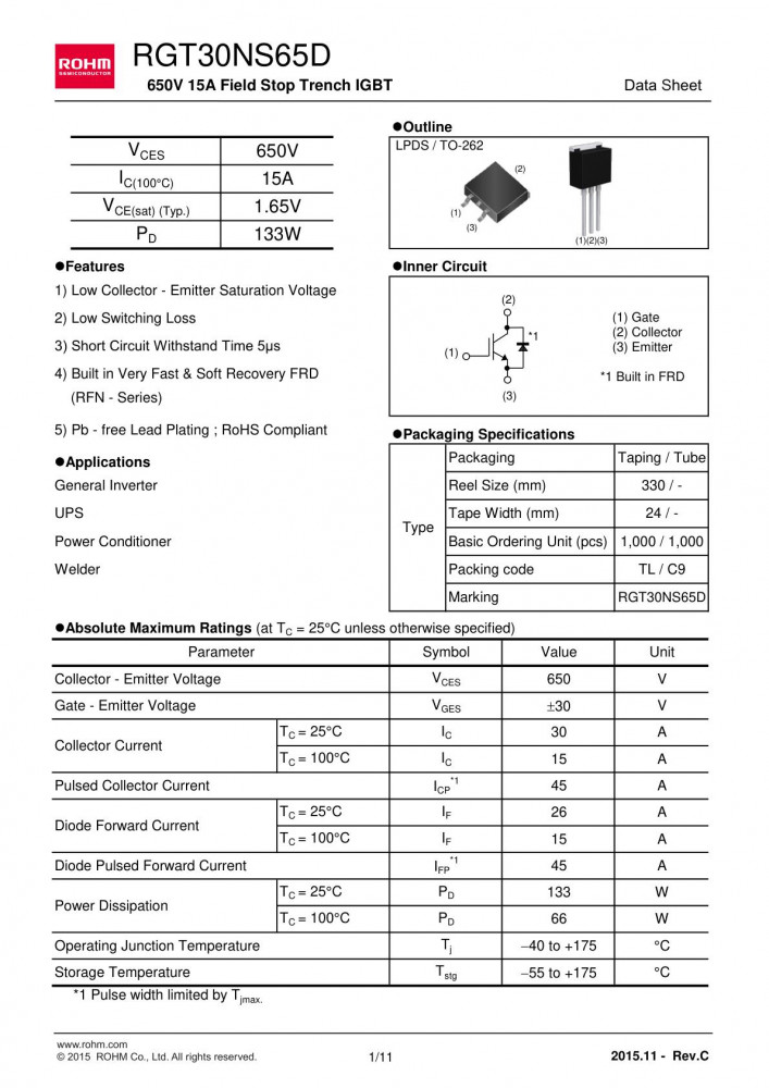 RGT30NS65DGC9 datasheet page 1