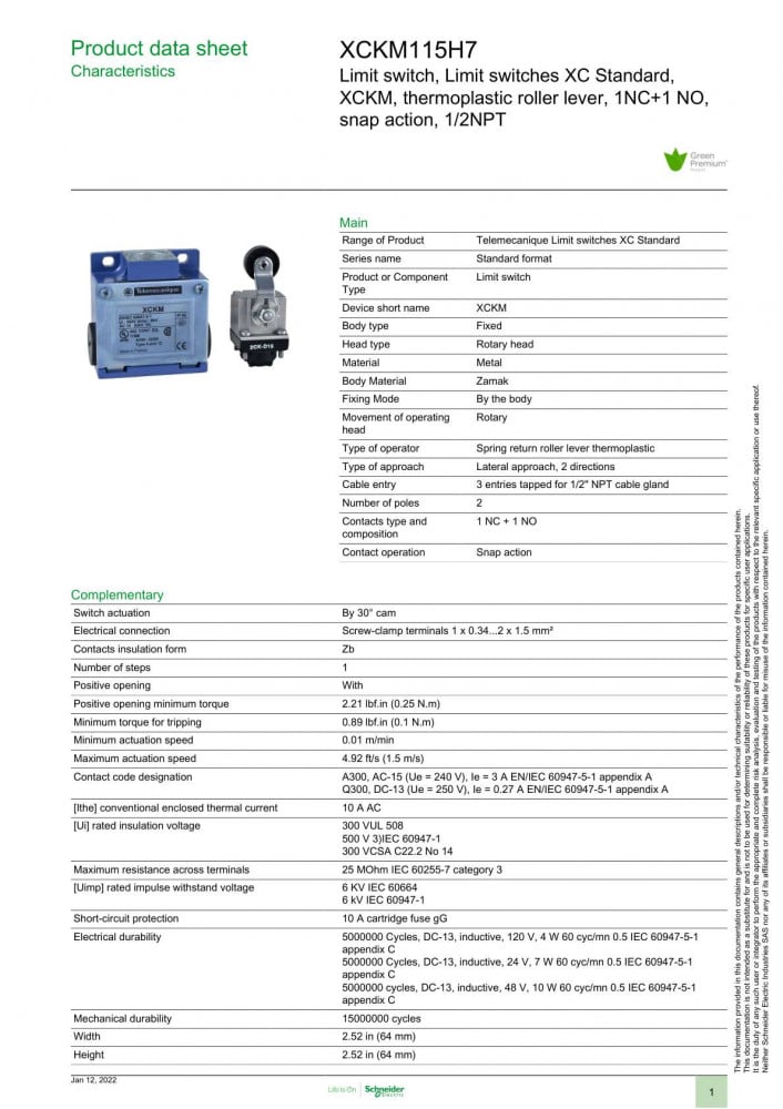 XCKM115H7 product documentation page 1