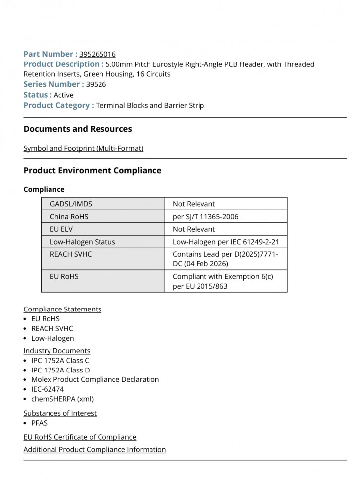 MOLEX 395265016 product document image, page 1