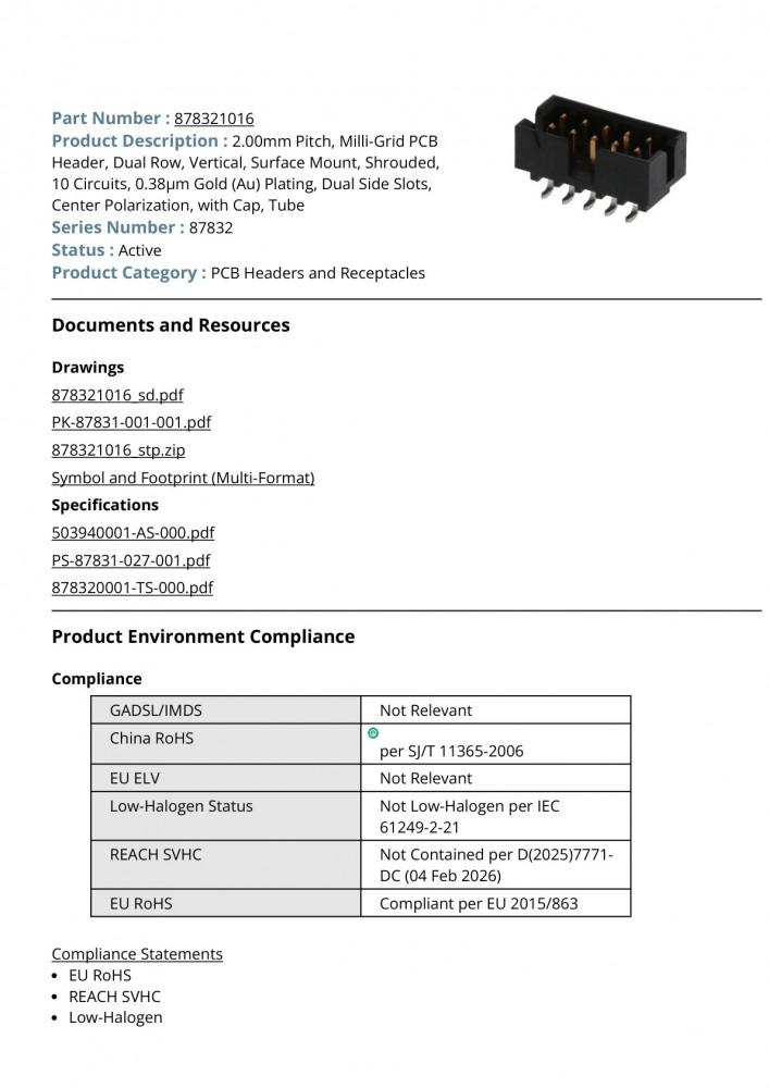 MOLEX 878321016 technical document preview, page 1