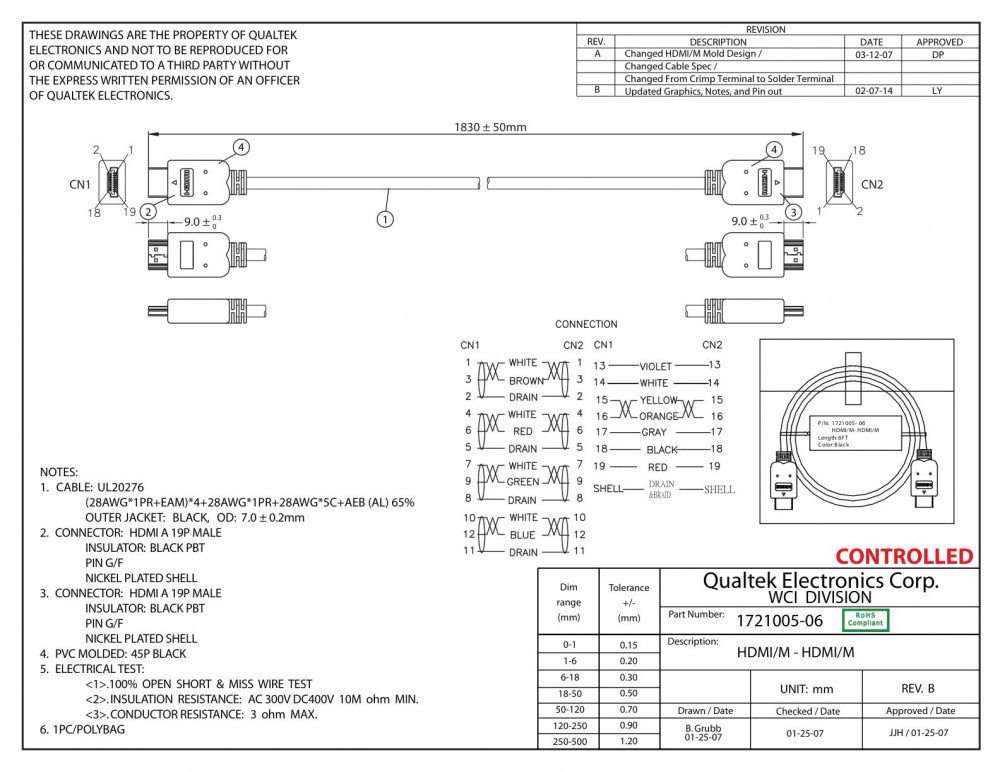1721005-06 HDMI male-to-male cable assembly product drawing