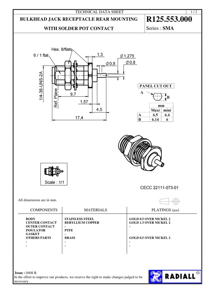 Radiall R125553000 technical datasheet page 1